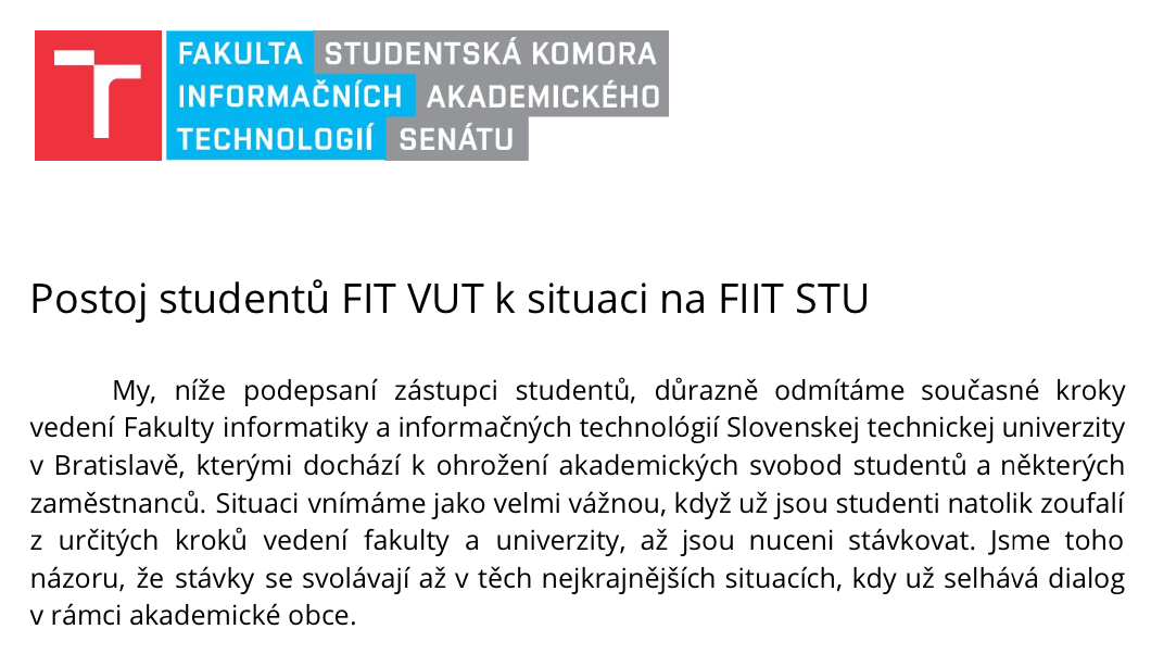 Študenti FIT VUT Brno vyzývajú študentov FIIT STU, aby bojovali za ...